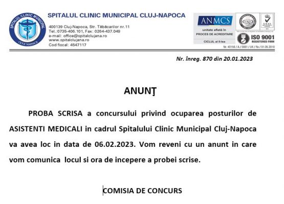 Anunt concurs asistenti medicali – Spitalul Clinic Municipal Cluj-Napoca