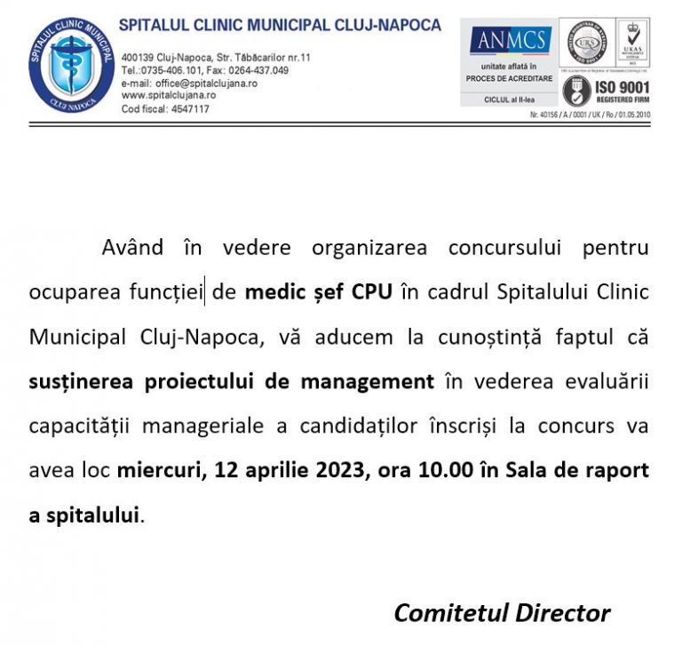 Anunt interviu concurs medic sef CPU – Spitalul Clinic Municipal Cluj ...